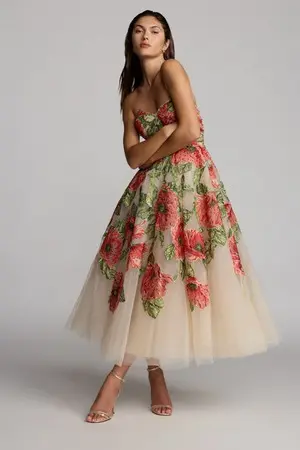 Mac Duggal Embroidered Mesh Strapless A-line Midi Dress