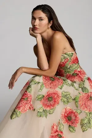 Mac Duggal Embroidered Mesh Strapless A-line Midi Dress