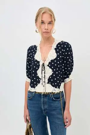 Rixo Ursula Polka Dot Lace Trimmed Blouse