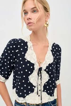 Rixo Ursula Polka Dot Lace Trimmed Blouse