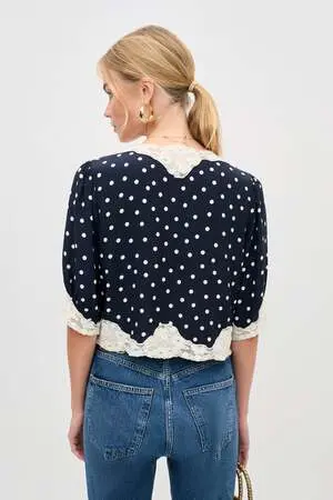 Rixo Ursula Polka Dot Lace Trimmed Blouse