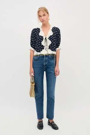 Rixo Ursula Polka Dot Lace Trimmed Blouse
