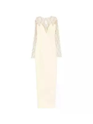 JEAN-LOUIS SABAJI Crystal-grid Embroidered Crepe Dress - Neutrals