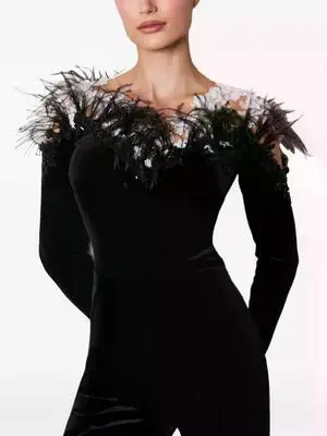 IMROSKA Feather-trim Velvet Jumpsuit - Black