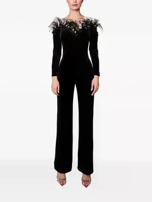 IMROSKA Feather-trim Velvet Jumpsuit