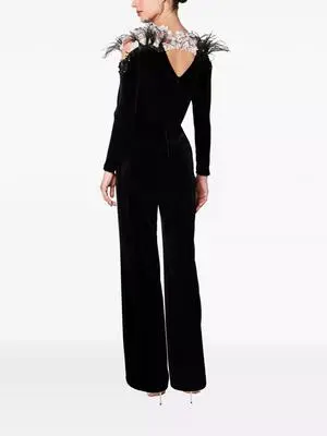 IMROSKA Feather-trim Velvet Jumpsuit