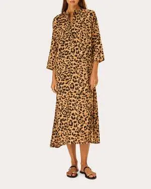 Natalie Martin Isobel Leopard Cotton Kaftan Midi Dress - Brown