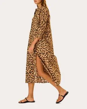 Natalie Martin Isobel Leopard Cotton Kaftan Midi Dress - Brown