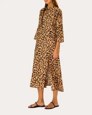 Natalie Martin Isobel Leopard Cotton Kaftan Midi Dress - Brown