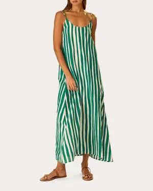 Natalie Martin Heather Stripe Cotton Maxi Slip Dress - Green