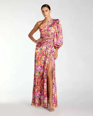 Mac Duggal Floral One-shoulder Charmeuse Gown With Puff Sleeve And Slit - Multicolor