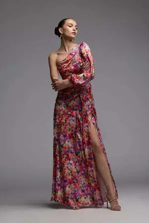 Mac Duggal Floral One-shoulder Charmeuse Gown With Puff Sleeve And Slit - Multicolor