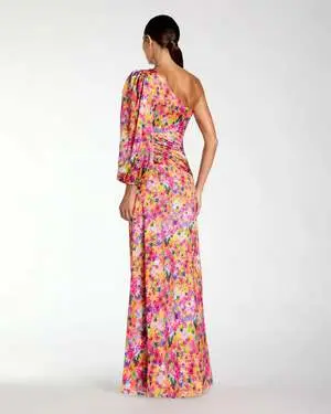Mac Duggal Floral One-shoulder Charmeuse Gown With Puff Sleeve And Slit - Multicolor