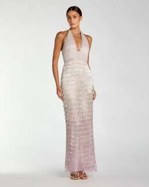 MAC DUGGAL COLLECTION Halter Neck Embellished Fringe Gown