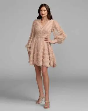 Mac Duggal Long Sleeve Ruffled V-neck Mini Dress