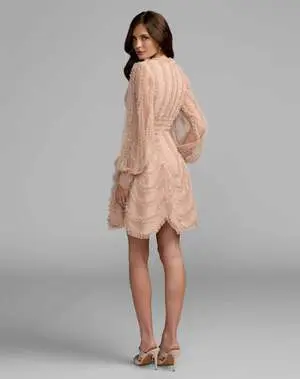Mac Duggal Long Sleeve Ruffled V-neck Mini Dress