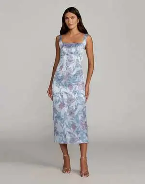 Mac Duggal Sleeveless Floral Square Neck Midi Dress