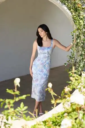 Mac Duggal Sleeveless Floral Square Neck Midi Dress