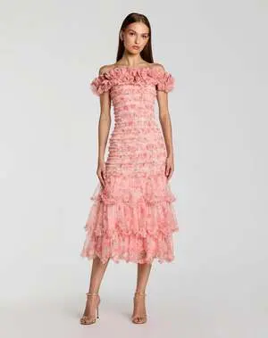 Mac Duggal Floral Off-the-shoulder Ruffle Midi Dress