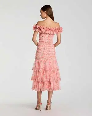 Mac Duggal Floral Off-the-shoulder Ruffle Midi Dress