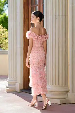Mac Duggal Floral Off-the-shoulder Ruffle Midi Dress