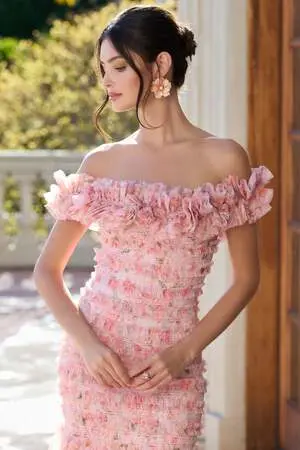 Mac Duggal Floral Off-the-shoulder Ruffle Midi Dress