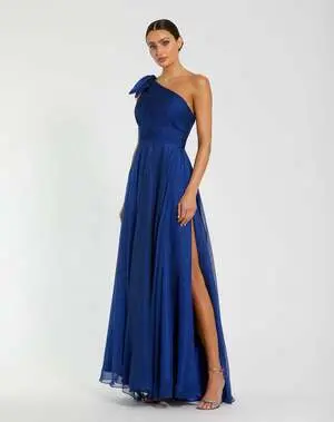 Mac Duggal Sleeveless One Shoulder Pleated Gown - Blue