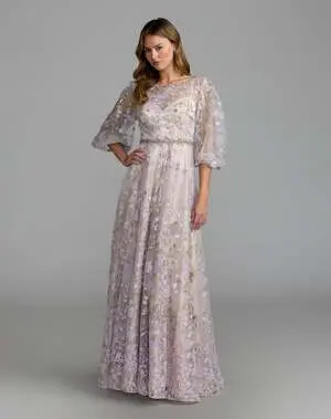 Mac Duggal Embroidered A-line Gown With 3/4 Puff Sleeves
