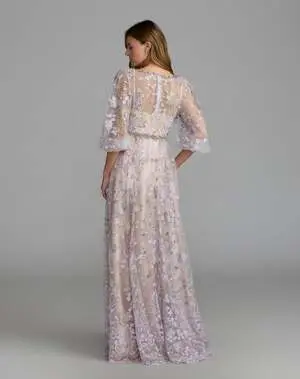 Mac Duggal Embroidered A-line Gown With 3/4 Puff Sleeves