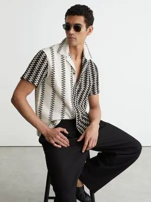 REISS Dain Zig-zag Crochet Cuban Collar Shirt