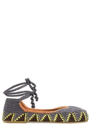 KASHURA Hand Crochet Ballerina Flats With Tie Fastening - Grey
