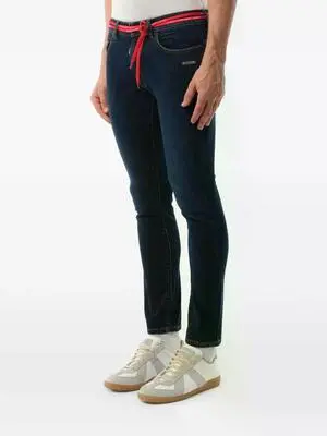 Off-White Skinny Fit Jeans With Red Drawstring Detail