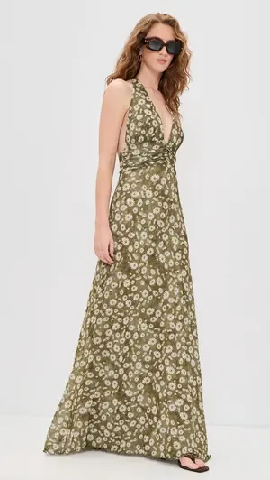 RESA Chelsea Halterneck Maxi Dress With Daisy Print And Ruched Details