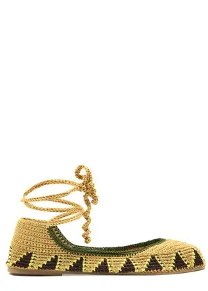 KASHURA Hand Crochet Ballerina Flats With Tie Fastening - Camel