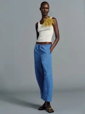 REFORMATION Elara Pant Wide Leg Drawstring Trousers - Blue