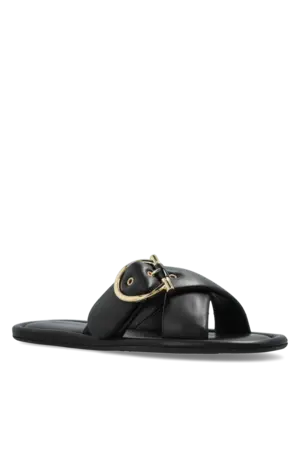 FERRAGAMO Elyzia Leather Slides With Gold Buckle - Black