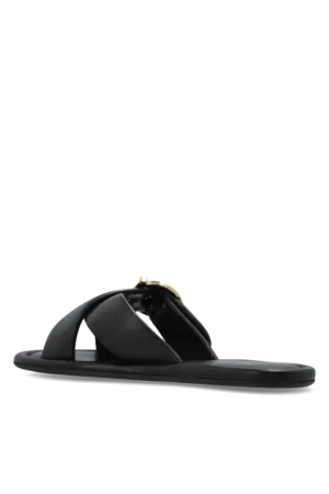 FERRAGAMO Elyzia Leather Slides With Gold Buckle - Black