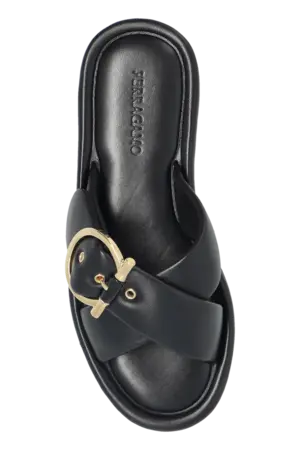 FERRAGAMO Elyzia Leather Slides With Gold Buckle - Black