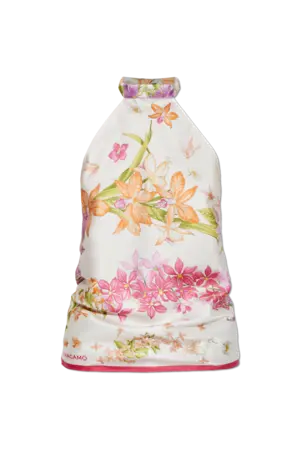 FERRAGAMO Silk Halter Top With Floral Print And Open Back - Pink