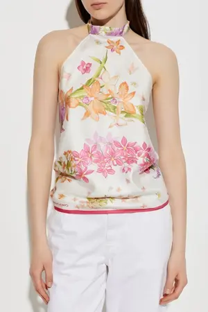 FERRAGAMO Silk Halter Top With Floral Print And Open Back - Pink