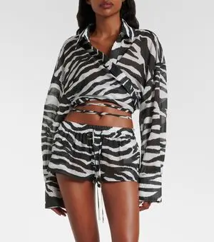 Attico Zebra-print Cotton Muslin Wrap Top - Black