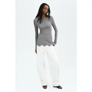 H&m Ribbed Viscose Top With Glittery Threads And Scalloped Trim
