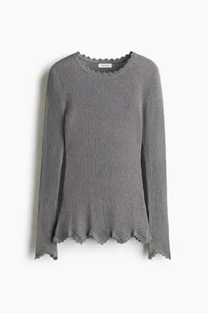 H&m Ribbed Viscose Top With Glittery Threads And Scalloped Trim