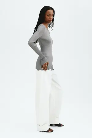 H&m Ribbed Viscose Top With Glittery Threads And Scalloped Trim
