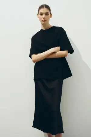 H&m Midi Skirt In Satin With High Waist And Gentle Flare - Black