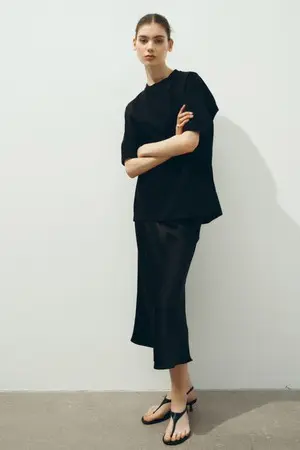 H&m Midi Skirt In Satin With High Waist And Gentle Flare - Black