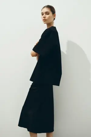 H&m Midi Skirt In Satin With High Waist And Gentle Flare - Black