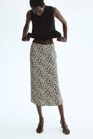 H&M Midi Skirt In Draped Woven Fabric - Cream/leopard Print