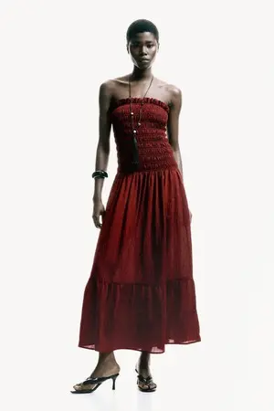 H&m Smocked Bandeau Maxi Dress - Dark Red