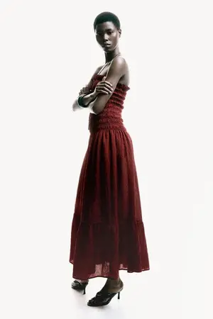 H&m Smocked Bandeau Maxi Dress - Dark Red